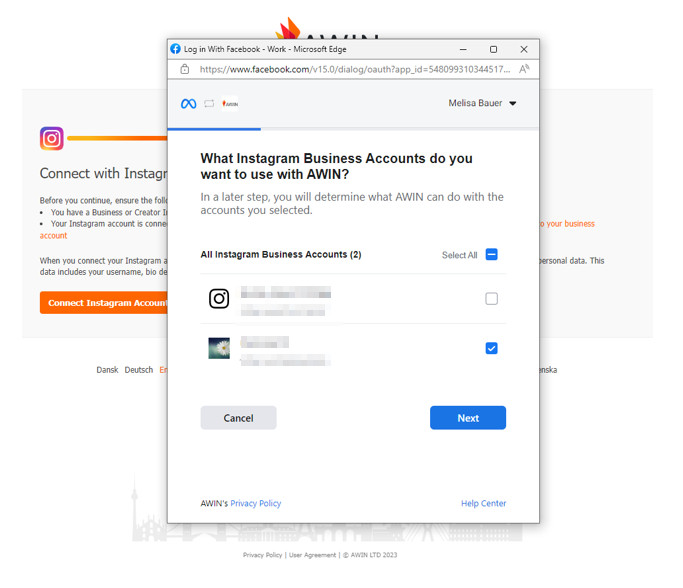 Can I sign up to Awin using my Instagram Account?